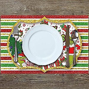 Linen Grinch Placemats Set of 4 Merry Grinchmas Table Mats Grinch Christmas Decorations and Supplies for Home Kitchen Table-12×18''