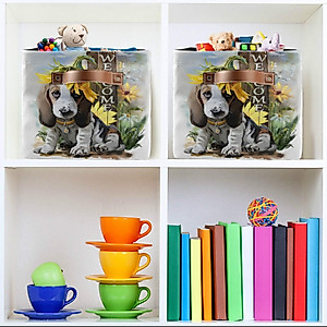 ALAZA Decorative Basket Rectangular Storage Bin, Welcome Sunny The Beagle Organizer Basket with Leather Handles for Home Office