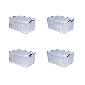 Really Useful Boxes Clear Transparent Plastic Storage Box, 64 Liters Features Attached Handles Make It Easy To Carry (Four Pack)