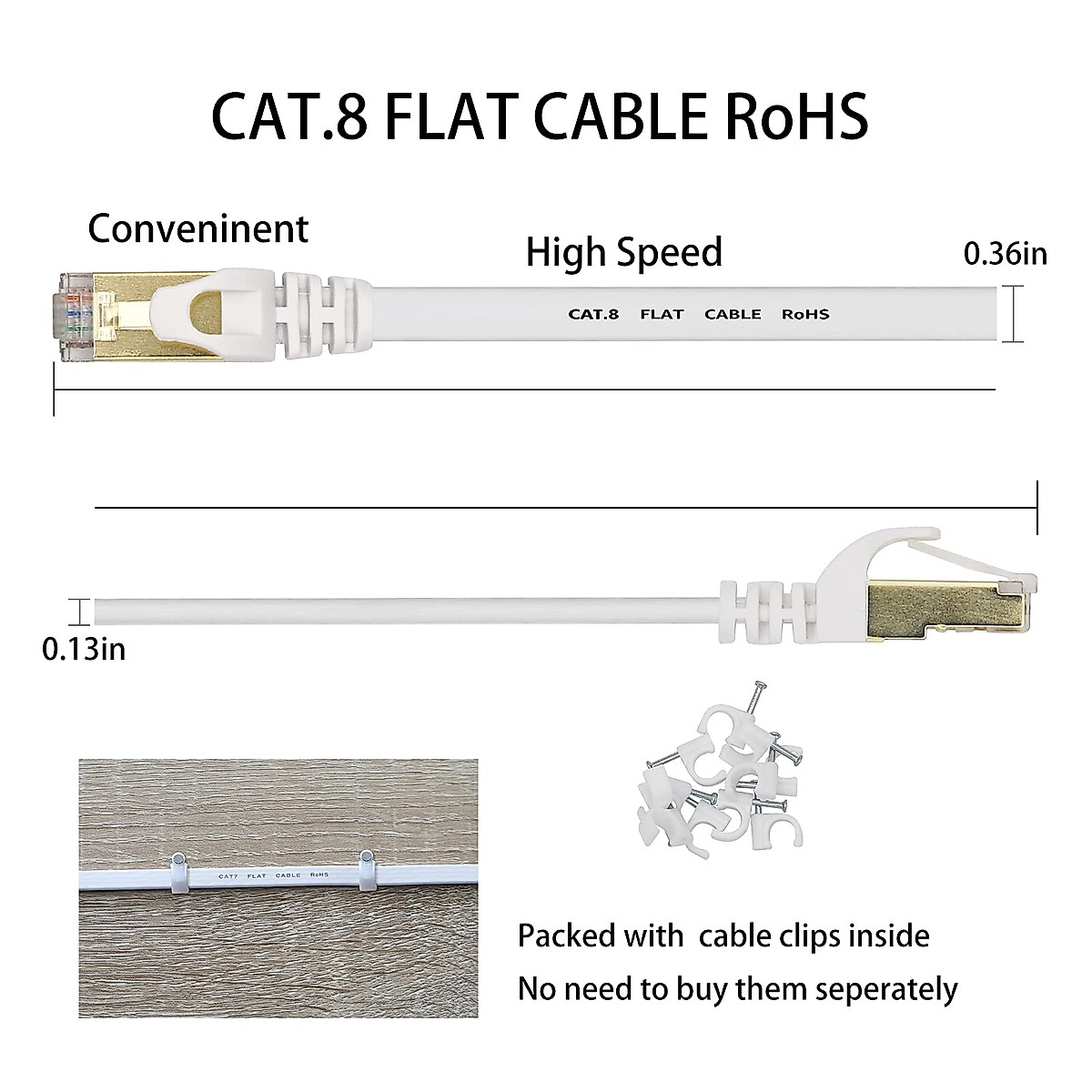Cat 8 Ethernet Cable 100 Ft Cat8 Internet Cable Flat Gigabit High Speed Shielded RJ45 LAN Cable White