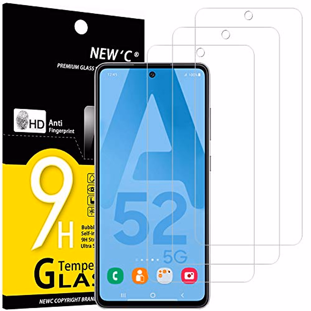 NEW'C Pack of 3, Glass Screen Protector for Samsung Galaxy A52, A52 5G, A52S 5G, Tempered Glass Anti-Scratch, Anti-Fingerprints, Bubble-Free, 9H Hardness, 0.33mm Ultra Transparent, Ultra Resistant