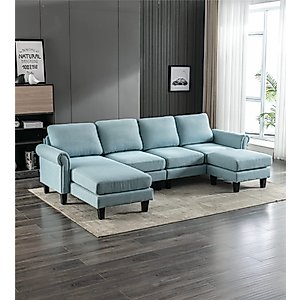 Sectional Sofa Set, Modern U-Shaped Convertible Sectional Couch with Chaise and Movable Ottoman, Linen Upholstered Accent Sofa with Solid Wood Legs and Thick Cushion for Living Room (Light Blue)