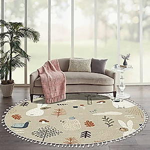 Round Rugs Childish Woodland Bunny Bears Snail Hedgehog Creative Kids Boho Area Rug Linen and Cotton Carpet Meditation Rug Washable Hallway Runner Mat Accent Rug for Bedroom Bathroom 6ft