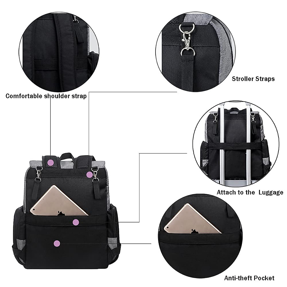 OUSIJOJO Diaper Bag Backpack, Waterproof Multi-Function Mommy Bag for Baby Care Large Capacity Stylish and Durable Perfect for Travel Work or Outing with Changing Pad