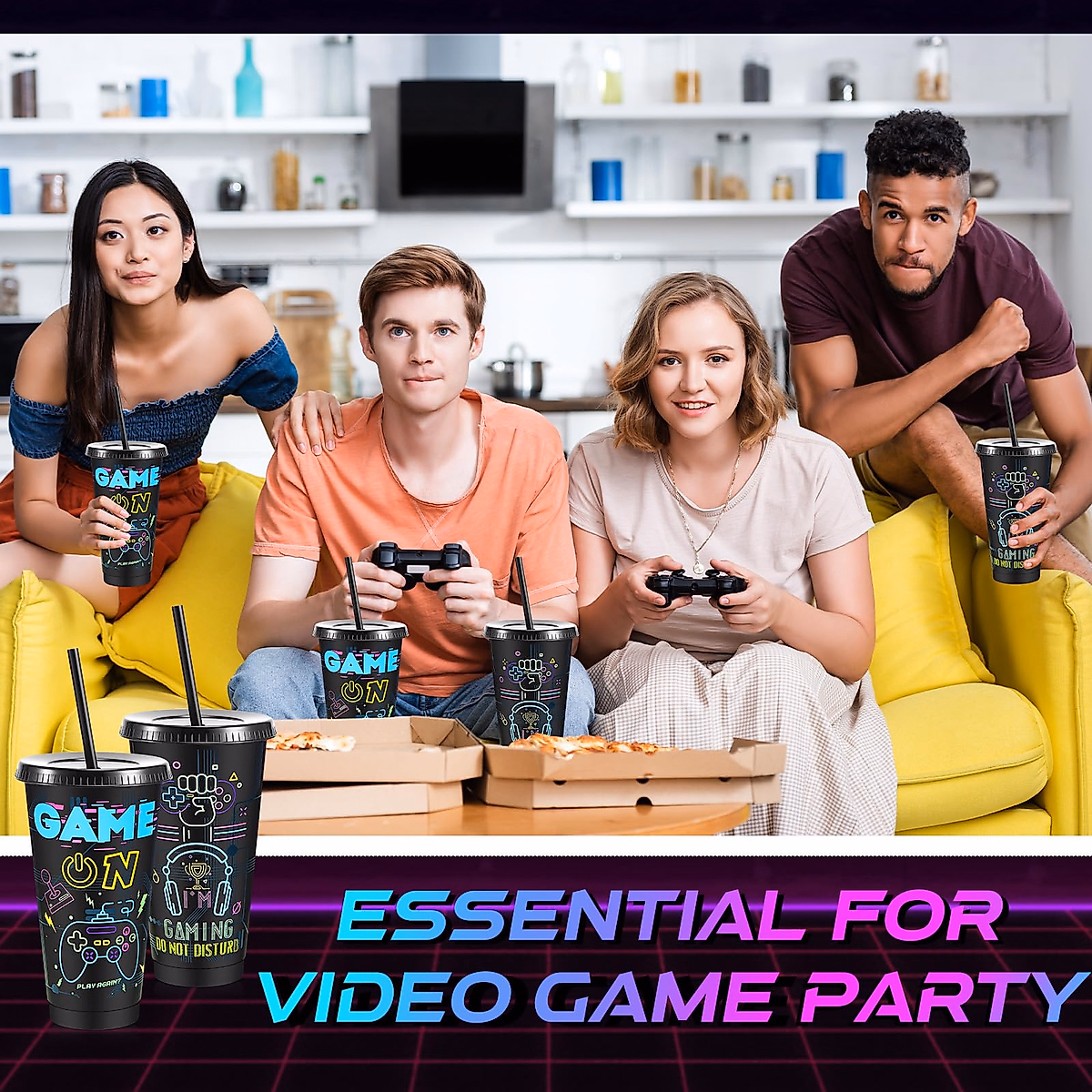 Uiifan 16 Pcs Video Game Party Plastic Cups with Lids and Straws 24 oz Iced Coffee Drinking Resuable Plastic Cups for Video Game Birthday Party Favor(Black)