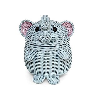 G6 COLLECTION Elephant Rattan Storage Basket With Lid Decorative Bin Home Decor Hand Woven Shelf Organizer Cute Handmade Handcrafted Nursery Gift Animal Decoration Wicker Elephant (Small, Blue)