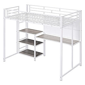 Tensun Metal Twin Size Loft Bed Frame with Desk and Whiteboard,3 Shelves and Ladder for Bedroom for Boys Girls Adult,Space-Saving/Noise Free/No Box Spring Needed - White