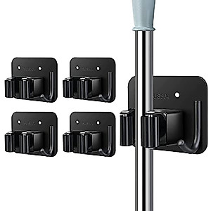 Mop Broom Holder, Fydesion 4 Pcs SUS304 Stainless Steel Mop Holder Broom Holder Wall Mounted Tool Rack for Bathroom Kitchen Office Closet Garden Garage, Self-adhesive and Screw Installation Ways, Black