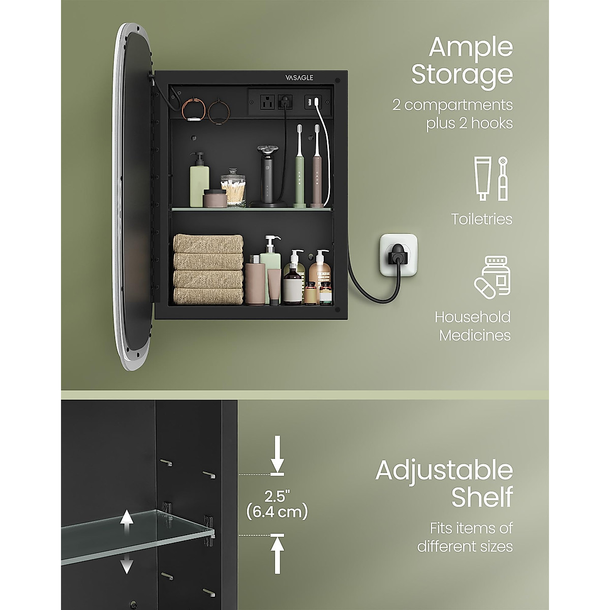 VASAGLE Medicine Cabinet with Mirror and Lights, Wall-Mounted Bathroom Wall Cabinet with Charging Station, 2 AC Outlets, 2 USB-A Ports, Rounded Rectangle, Adjustable Shelf, Black UBBK127B02