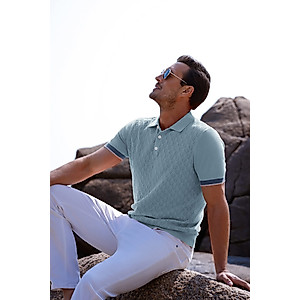 Mens Short Sleeve Polo Shirts Vintage Contrast Texture Knit Lightweight Pullover Tops for Golf Sport M Grey Blue