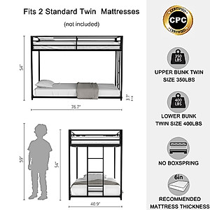 HXERY Bunk Bed Twin Over Twin, 54" Inch Metal Floor Bunk Bed with 11" Guardrails and Convertible Side Ladder. Black