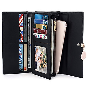 UTO RFID Wallet for Women PU Leather Leaf Pendant Card Holder Phone Checkbook Organizer Zipper Coin Purse Black