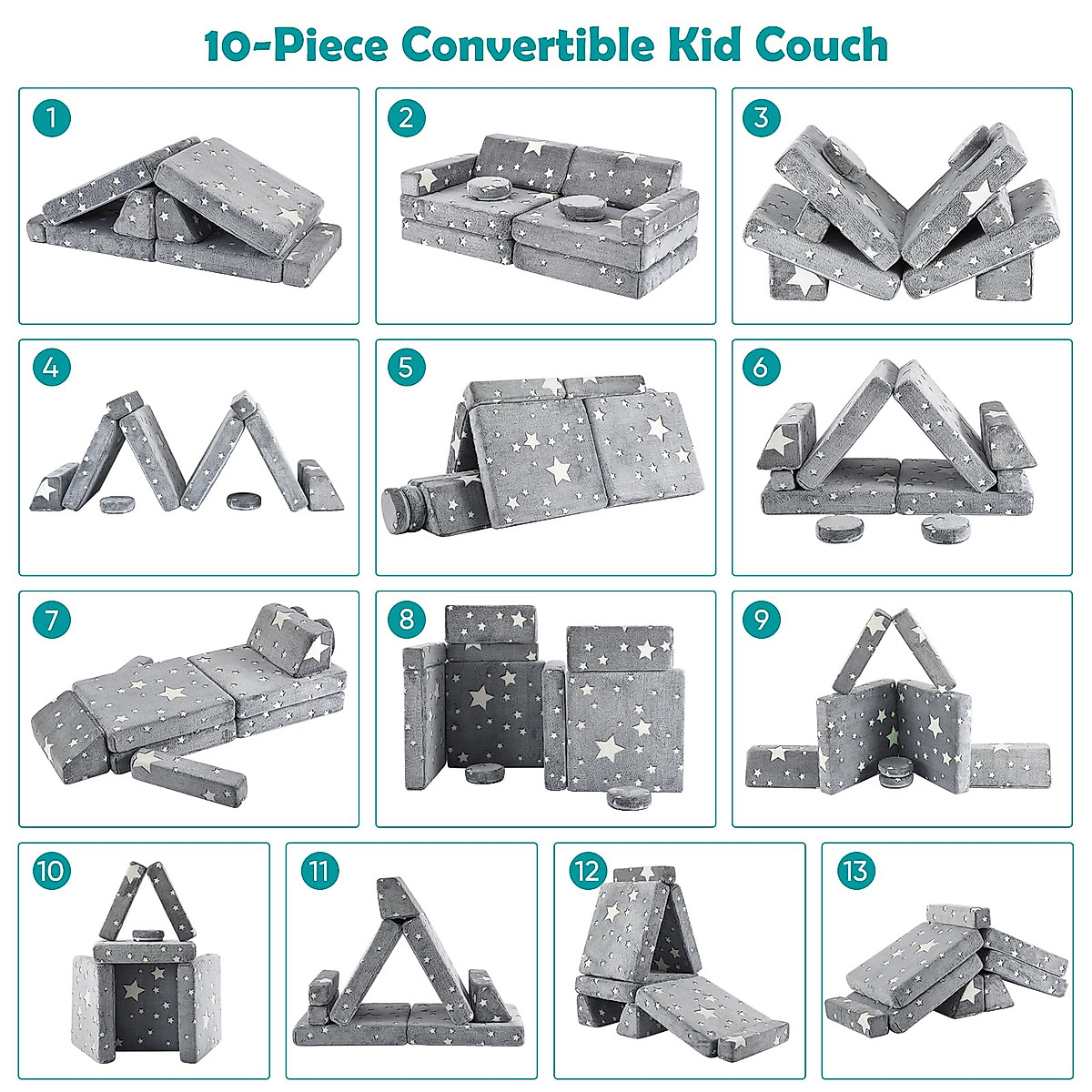 Kids Play Couch,10 Pcs Toddler Couch Sofa,Foam Modularized Kids Couch,Glowing in The Dark Sofa Convertible Kids Toddlers Couch Play Set for Playroom Bedroom