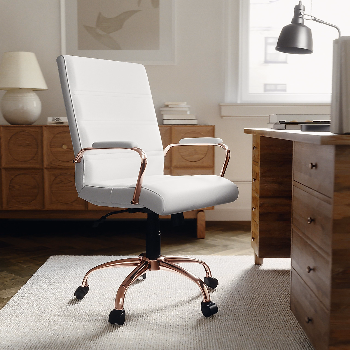 EMMA + OLIVER Mid-Back White LeatherSoft Executive Swivel Office Chair - Rose Gold Frame/Arms