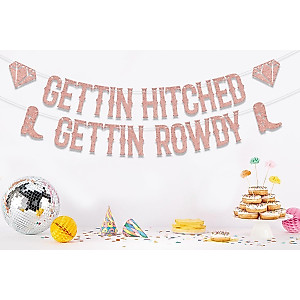 KEWUFD Gettin Hitched Gettin Rowdy Banner, Engagement/Bachelorette/Bridal Shower Party Decorations For Wedding Party Decoration Supplies Rose Gold Glitter
