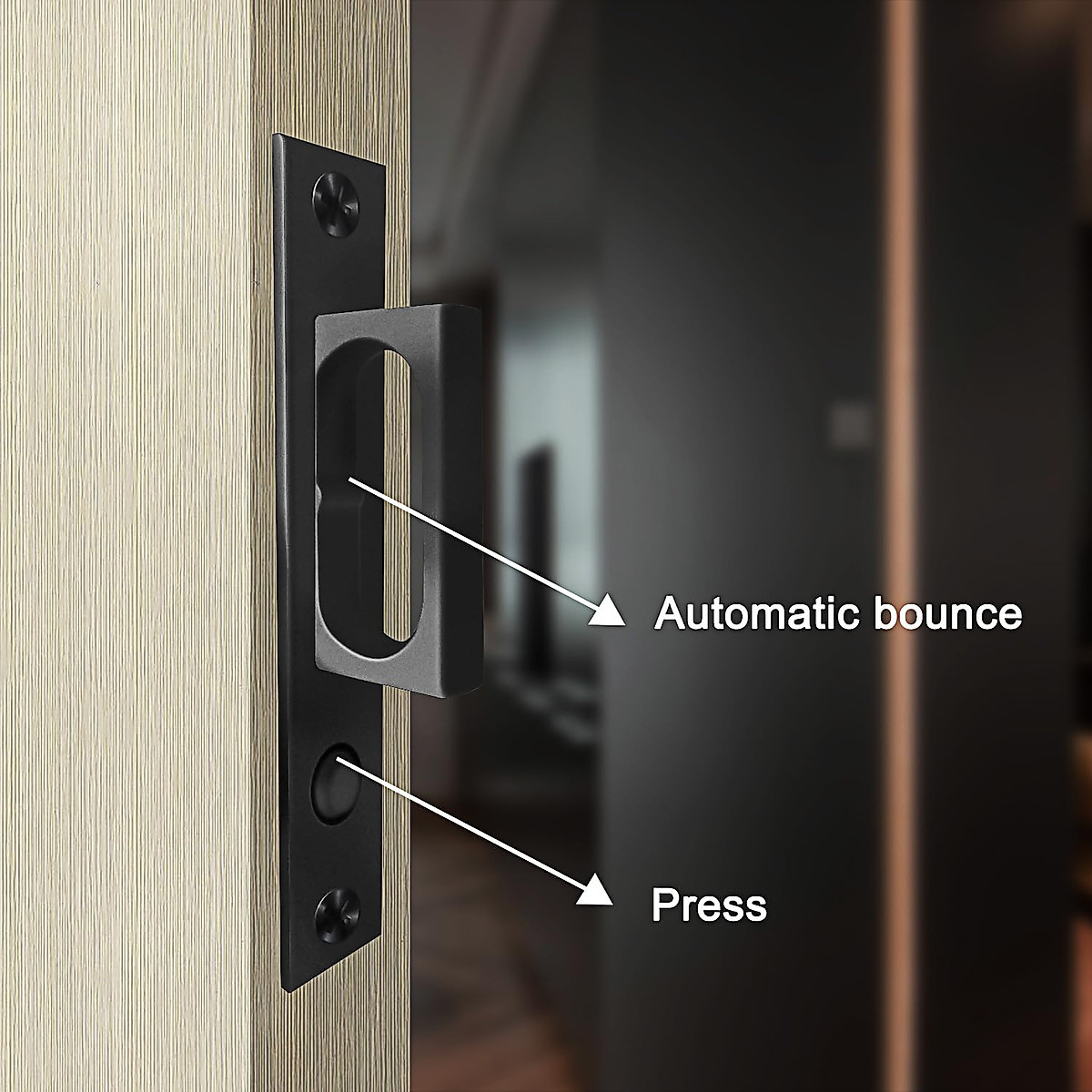 LWZH Brushed Nickel Pocket Door Edge Pull with Push Automatic Bounce Switch,Sliding Door Pull Hardware, Flush Hidden Handle（Black）