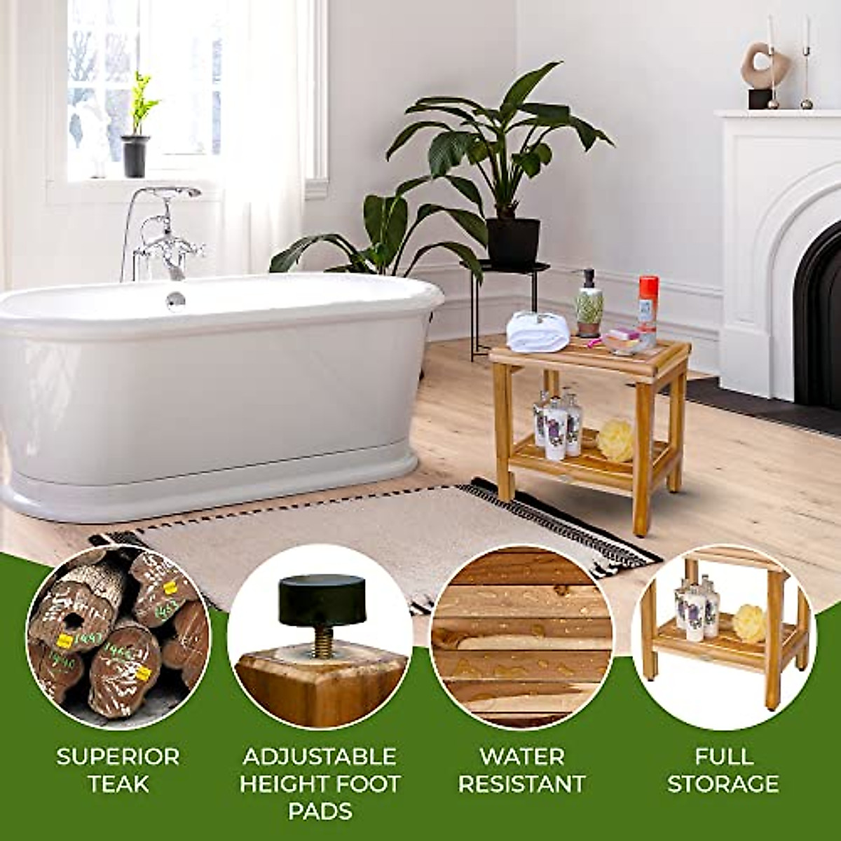 EcoDecors Earthy Teak Shower Bench Wooden Seat Eleganto Garden Bench 18″ Length Natural Teak Shower Seat with Shelf Wood Shower Bench for Indoor and Outdoor Use