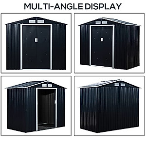 Outsunny 7' x 4' Steel Storage Shed Organizer, Garden Tool House with 4 Vents and 2 Easy Sliding Doors for Backyard, Patio, Garage, Lawn, Dark Grey