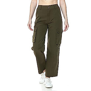 Leggings Depot High Waisted Women’s Straight Wide Leg Trousers w/Pockets, Baggy Cargo Pants, Military-Large