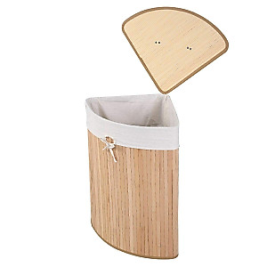 Giantex Corner Laundry Hamper with Lid, Bamboo Laundry Basket with Removable Liner and Handle, Clothes Basket for Cloth Organize, Clothes Storage Bin for Bedroom, Laundry, Living Room (Beige)