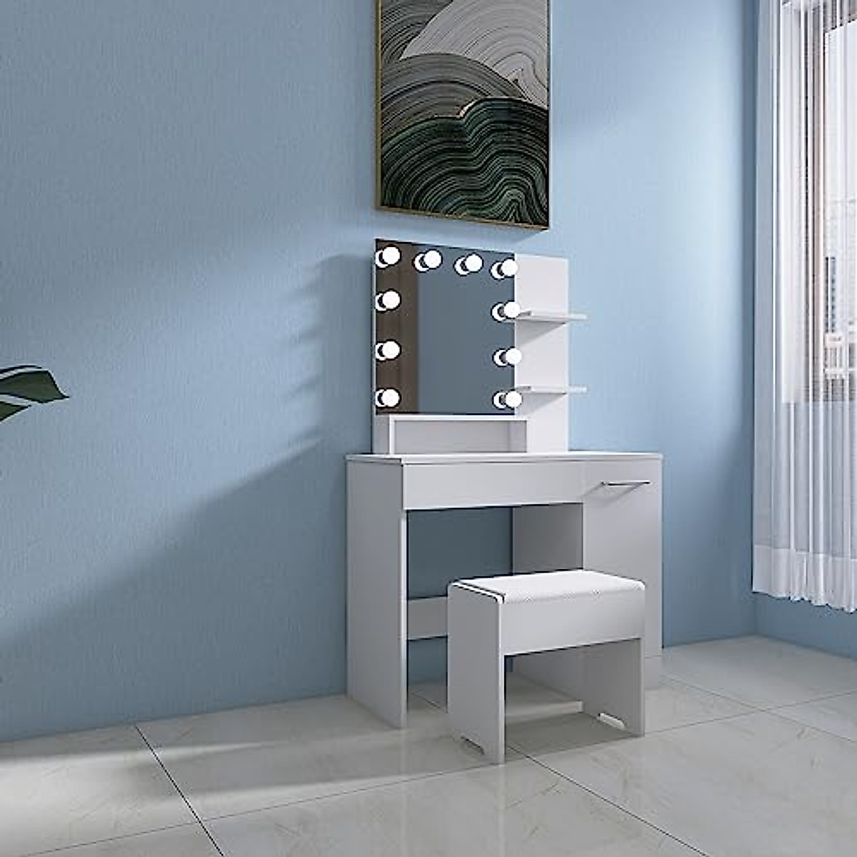 Bituman Makeup Vanity Table with Lighted Mirror, Modern Dressing Table with a Large Drawer White Vanity Set with Cushioned Stool Vanity Desk with Storage Cabinet for Women, Girls, Bedroom, White