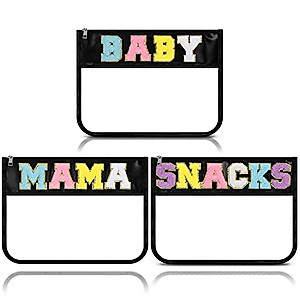 3 Pieces Chenille Letter Clear Zipper Pouches PVC Travel Pouch Waterproof Make up Bag Baby Preppy Snack Bags Clear Cosmetic Bags Mama Toiletry Small Makeup Organizer for Women Girls Kids Gifts