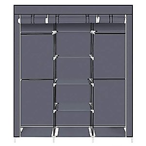 Portable Clothes Closet Non-Woven Fabric Wardrobe Double Rod Storage Organizer 69" - Gray