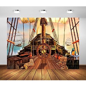 BELECO 7x5ft Fabric Vintage Pirate Ship Backdrop Wooden Rudder Treasure Chests Treasure Map Barrels Parrot Ocean Sailing Ship Nautical Pirates Background Pirate Theme Party Decorations Photo Props