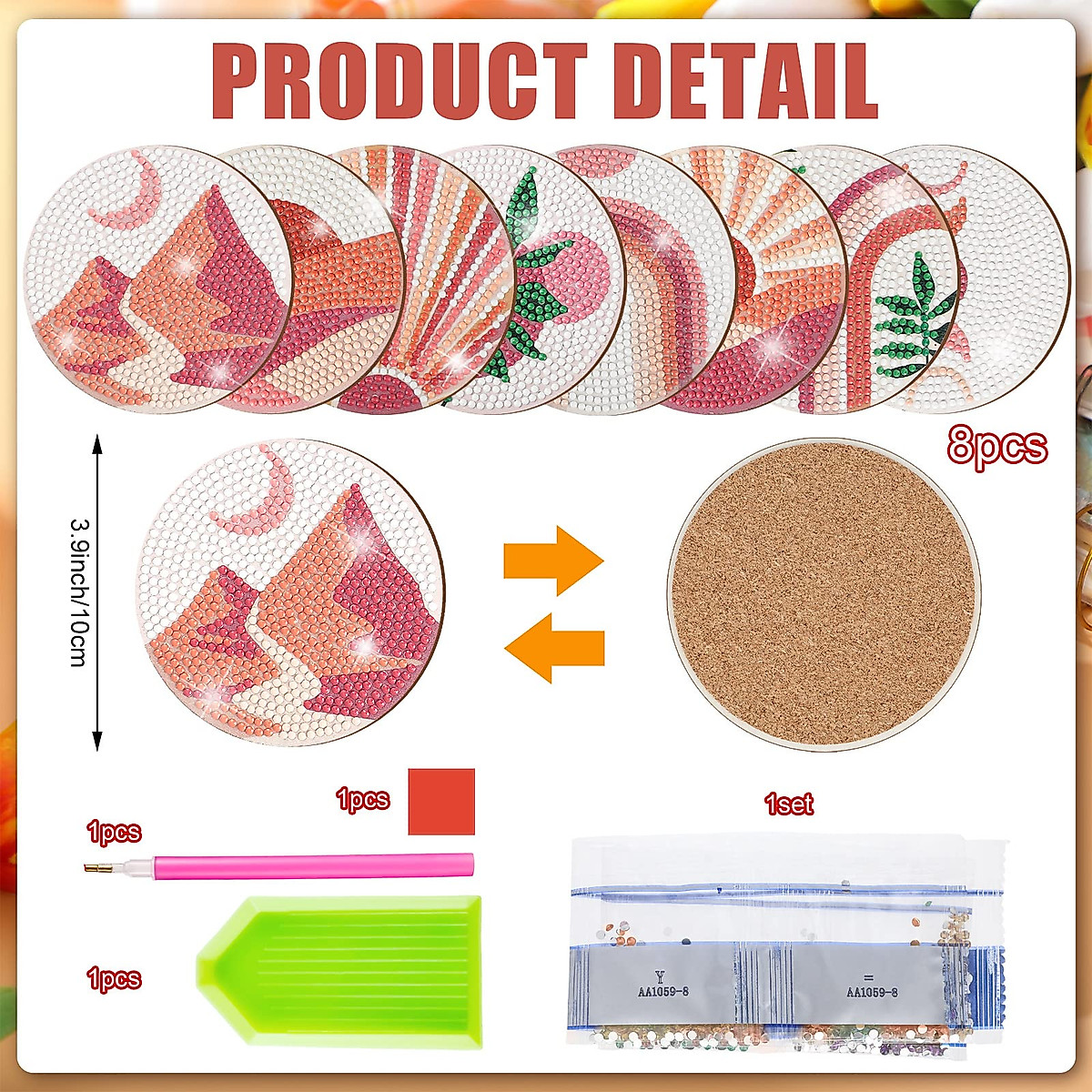 Vesici 8 Pcs Diamond Art Coasters with Holder Cat Shaped DIY Diamond Art Coasters Diamond Art Kits Diamond Crafts Coasters for Adults Kids Beginner Gift Supplies (Boho)