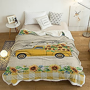 ArneCase Throw Blanket Cozy& Comfy Sherpa Fleece Blankets Yellow Farm Truck Carrying Sunflowers Vintage Style On Yellow Plaid Ultra Soft Fuzzy Plush Blanket for Couch,Sofa,Bed 39x49In