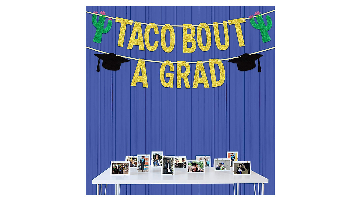 Partyprops Taco Bout A Grad Gold Glitter Banner for Graduation Parties