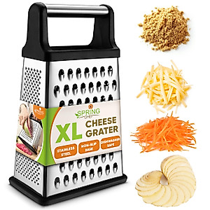 Professional Box Grater, Stainless Steel with 4 Sides, Best for Parmesan Cheese, Vegetables, Ginger, XL Size, Black