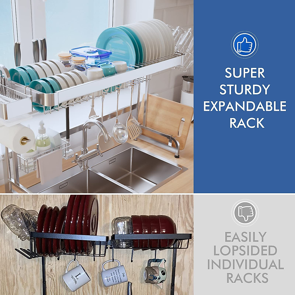 LIVOD Over The Sink Dish Drying Rack, 2 Tier Over Sink Dish Drying Rack Width Adjustable(25.6-37.6in), Durable Stainless Steel Dish Rack Over Sink Organizer, Space Saving Kitchen Sink Drying Rack