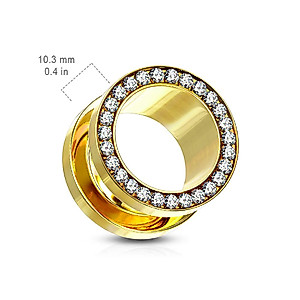 Stainless Steel CZ Crystal Lined Rim Screw Fit Tunnel Plug Gauges, Sold As Pair (Gold Tone, 19mm (3/4"))