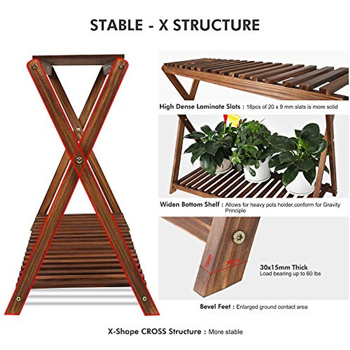 Tovacu Wood Plant Stand Indoor Outdoor 2 Tiers Flower Stand Corner Stepped Planter Shelf Rack Flowerpot Holder for Plant Display in Patio Balcony Entryway Porch Livingroom (Classic X-Cross Design)