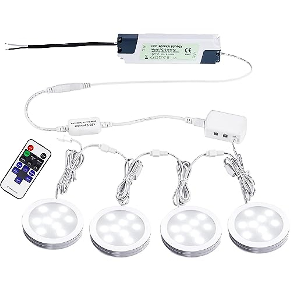 AIBOO Linkable LED Under Cabinet Lights Hardwired 12V Slim Aluminum Dimmable Puck Lights with Remote Control for Cupboard Lighting (4 Lights, Daylight White, NO Wall Plug)