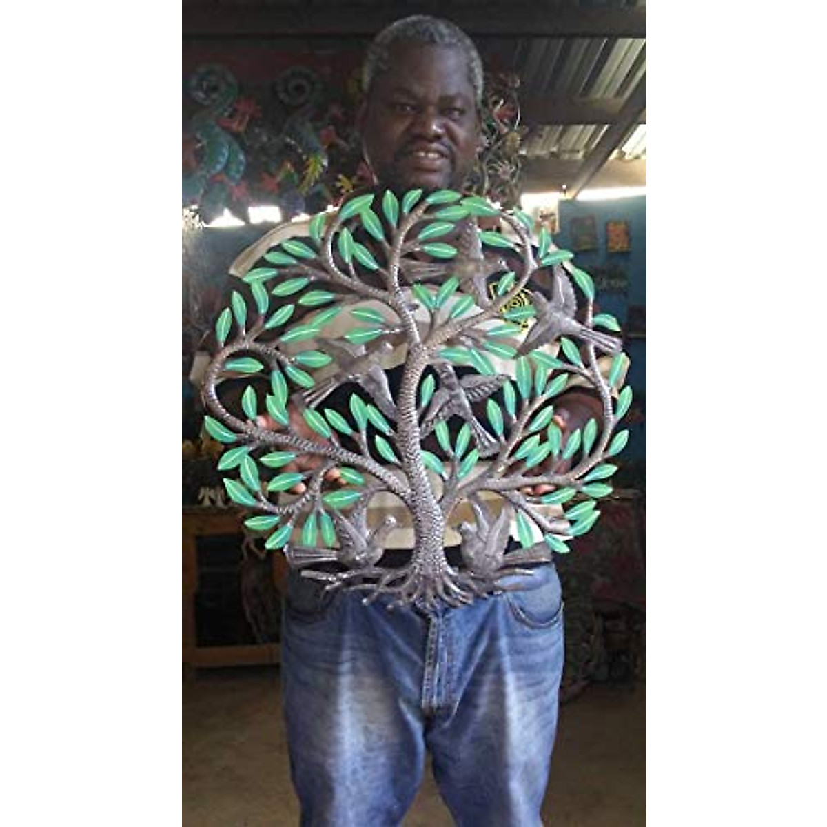 It's Cactus Haitian Hand Painted Tree of Life Wall Decor, Global Art Made in Haiti, Oil Drum Metal Craft with Birds, Decoration for Kitchen or Anywhere in Home, 24 In. x 24 In. (Hand-Painted Tree)