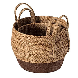 Straw Decorative Round Storage Basket Set of 2 with Woven Handles for the Playroom, Bedroom, and Living Room