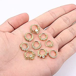 Drperfect 9PCS 16G Septum Rings Opal Daith Earrings Hoop Nose Rings 316L Stainless Steel CZ Cartilage Helix Tragus Earrings Septum Clicker Piercing Jewerly Gold Tone 10MM