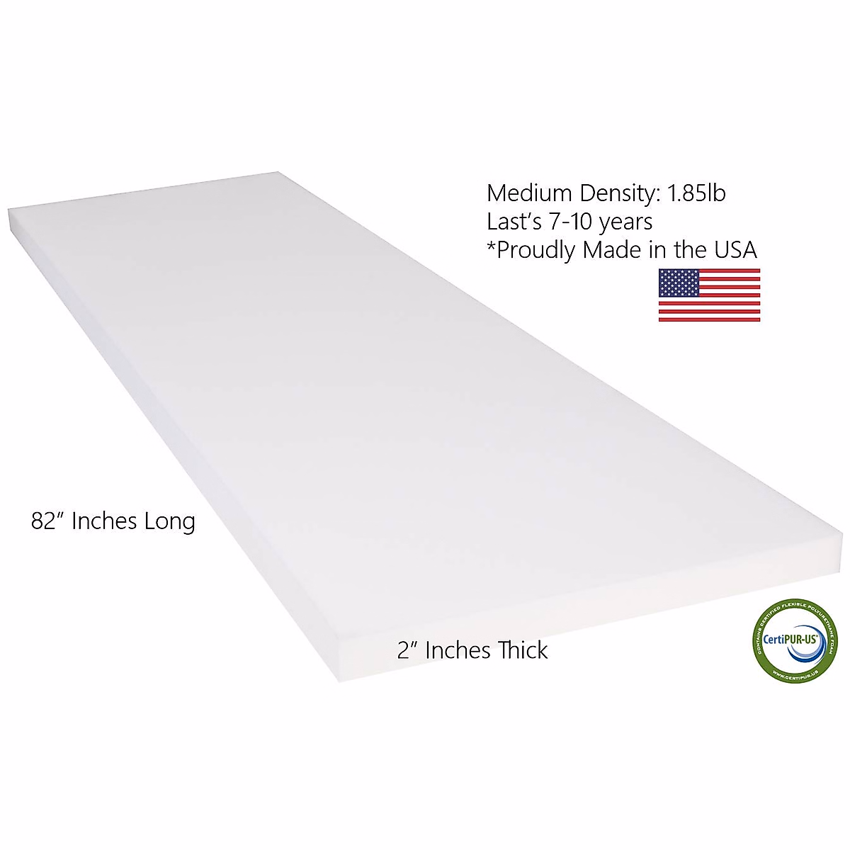 ComfortStyle Replacement Seat Cushion Upholstery Foam Pad for Sofa or Dining Chair, 2" x 24" x 82" CertiPUR-US Certified, Extra Long