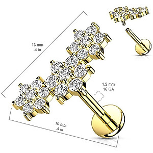Covet Jewelry Triple CZ Flower Cluster Top on Internally Threaded 316L Surgical Steel Flat Back Studs for Labret, Monroe, Cartilage and More (16GA, L: 5/16" (8mm), Clear)