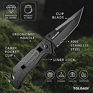 Toldadi Spring Assisted Pocket Knife With Clip for Men, 8 in Tactical Folding Knife With Liner Lock, 7-In-1 Multitool EDC Knife Gifts for Men Father Husband