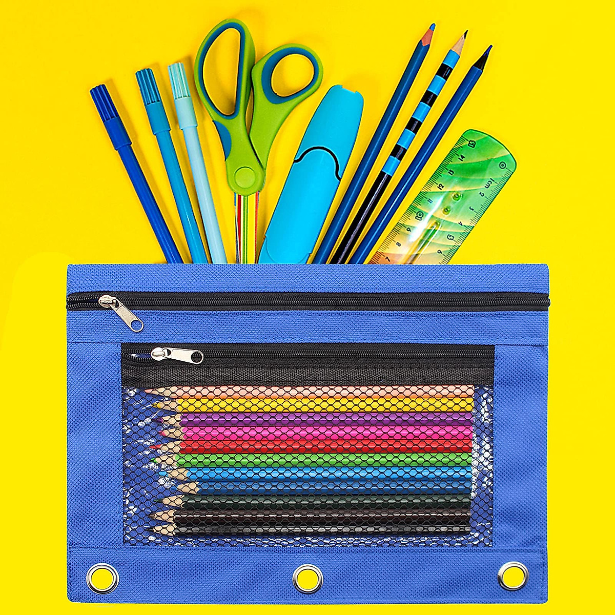 Cinvo Pencil Pouch 3 Ring Binder Pouch Zippered Pencil Case Canvas Pencil Bag with 2 Compartments (Set of 2, Blue and Orange)