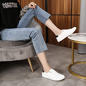 HONGHAIER Non Slip White Shoes for Women Microfiber Leather Fashion Sneakers Comfortable Womens Walking Shoes with Memory Foam WhiteBK 8