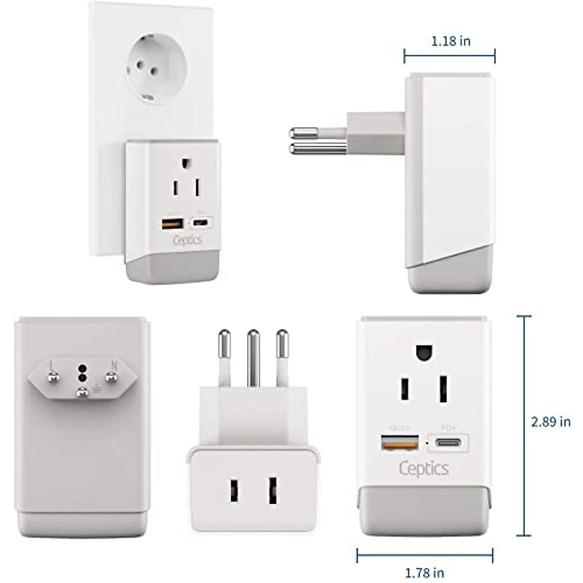 Ceptics Switzerland Plug Adapter, Travel with QC 3.0 & PD, Safe Dual USB & USB-C - 2 USA Socket Compact & Powerful - Quick Charge 3.0 & Power Delivery - Type J AP-11A - Fast Charging