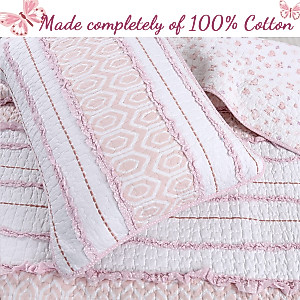 Cozy Line Home Fashions Pretty in Pink Girly Ruffle Stripped 100% Cotton Reversible Quilt Bedding Set, Coverlet, Bedspread (Pink Princess, Twin - 2 Piece: 1 Quilt + 1 Sham)