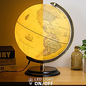12'' Retro Illuminated World Globe with Wooden Stand, 2-1 Educ & Décor Antique Night Light up Globe Built in LED & HD Printed Map, Antique Illuminated Globe for Adults & Kids, Home Décor, Office