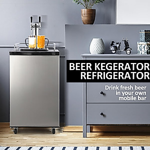 PioneerWorks Beer Kegerator, Single Tap Draft Beer Dispenser, Full Size Stainless Steel Keg Refrigerator With Drip Tray, CO2 Cylinder, 32°F- 50°F Temperature Control, 128L