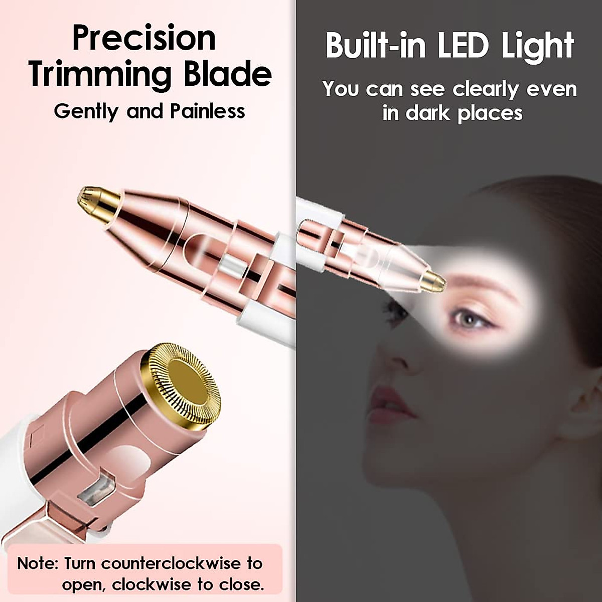 kuzuwill Facial Hair Remover for Women, Rechargeable Eyebrow Razor & Painless Hair Remover, Eyebrow Lips Body Facial Hair Removal for Women with Built-in LED Light, Extra 4 Eyebrow Tweezers