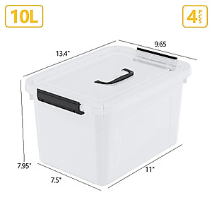 Parlynies 4-Pack 10 L Plastic Latching Box with Handle, Clear Storage Containers Box for Organizing